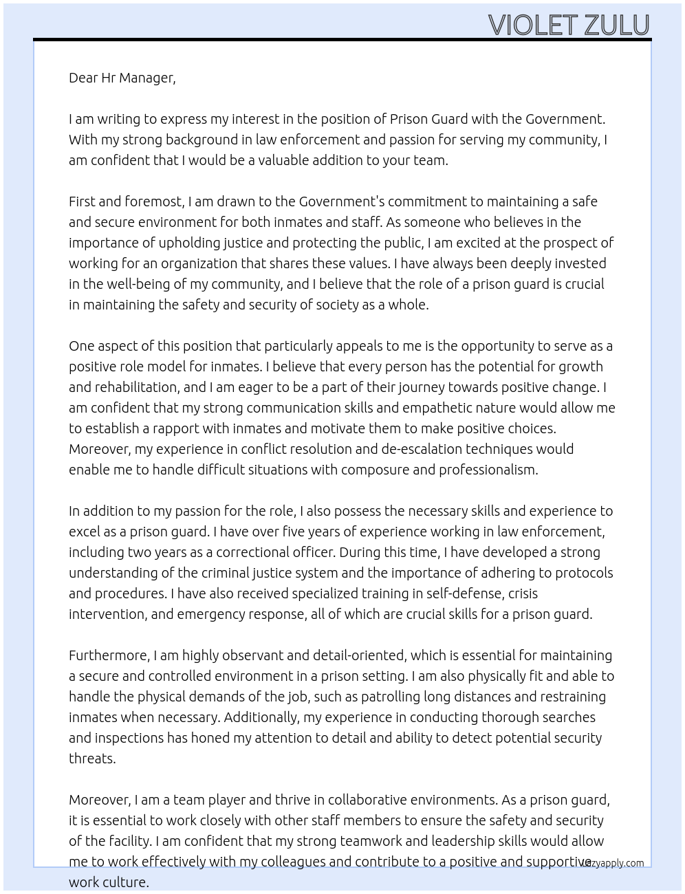 Cover letter for prison guard - LazyApply
