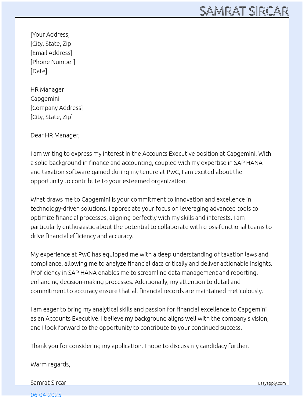 Cover letter for Capgemini - LazyApply
