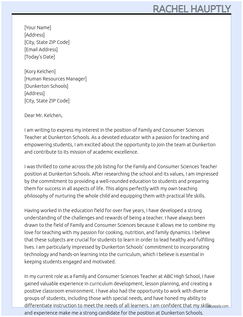 Cover letter for family and consumer sciences teacher - LazyApply