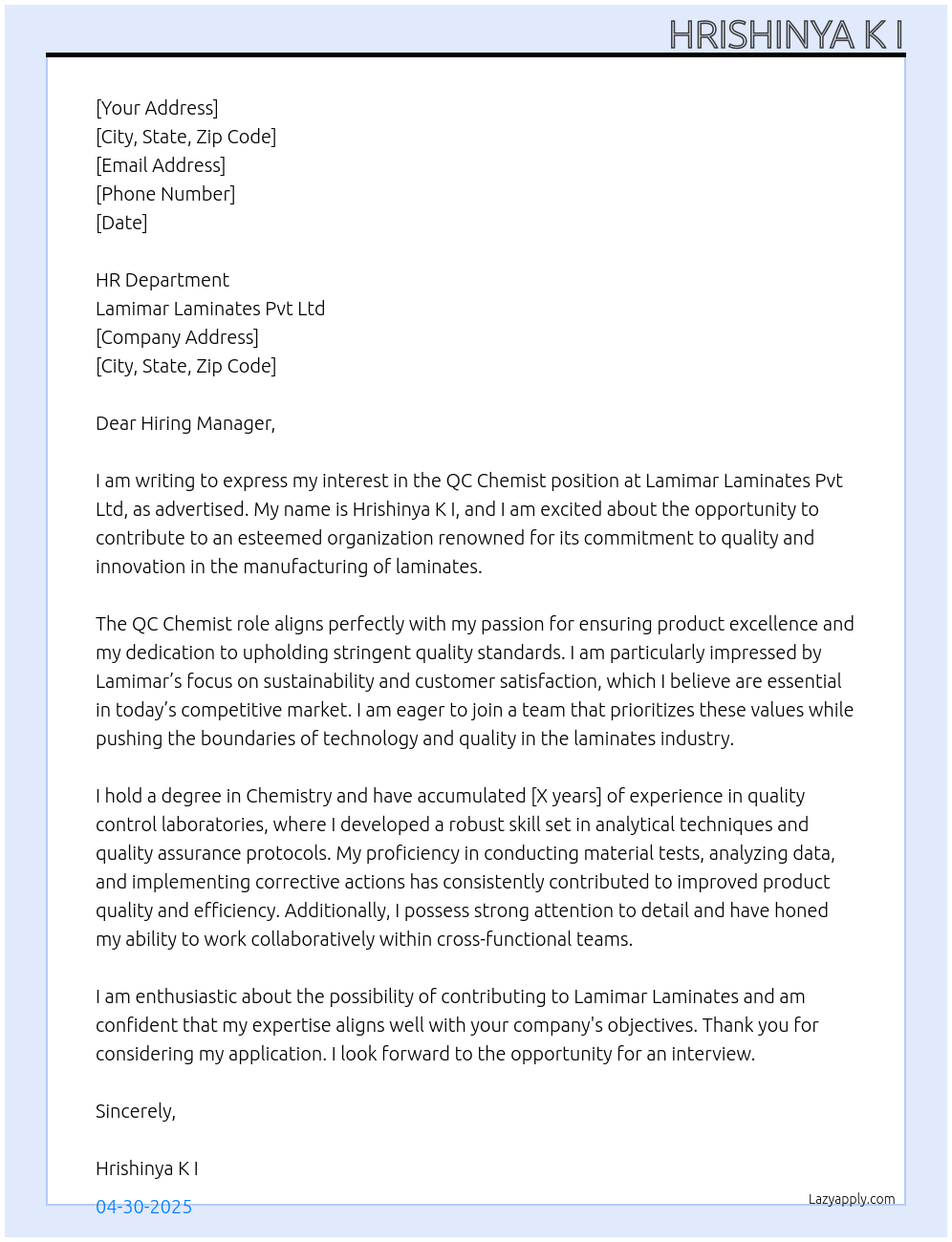 Cover letter for qc chemist - LazyApply