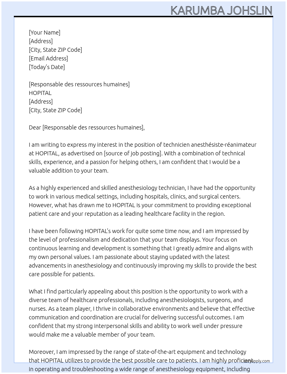 Cover letter for technicien anesthésiste-réanimateur - LazyApply