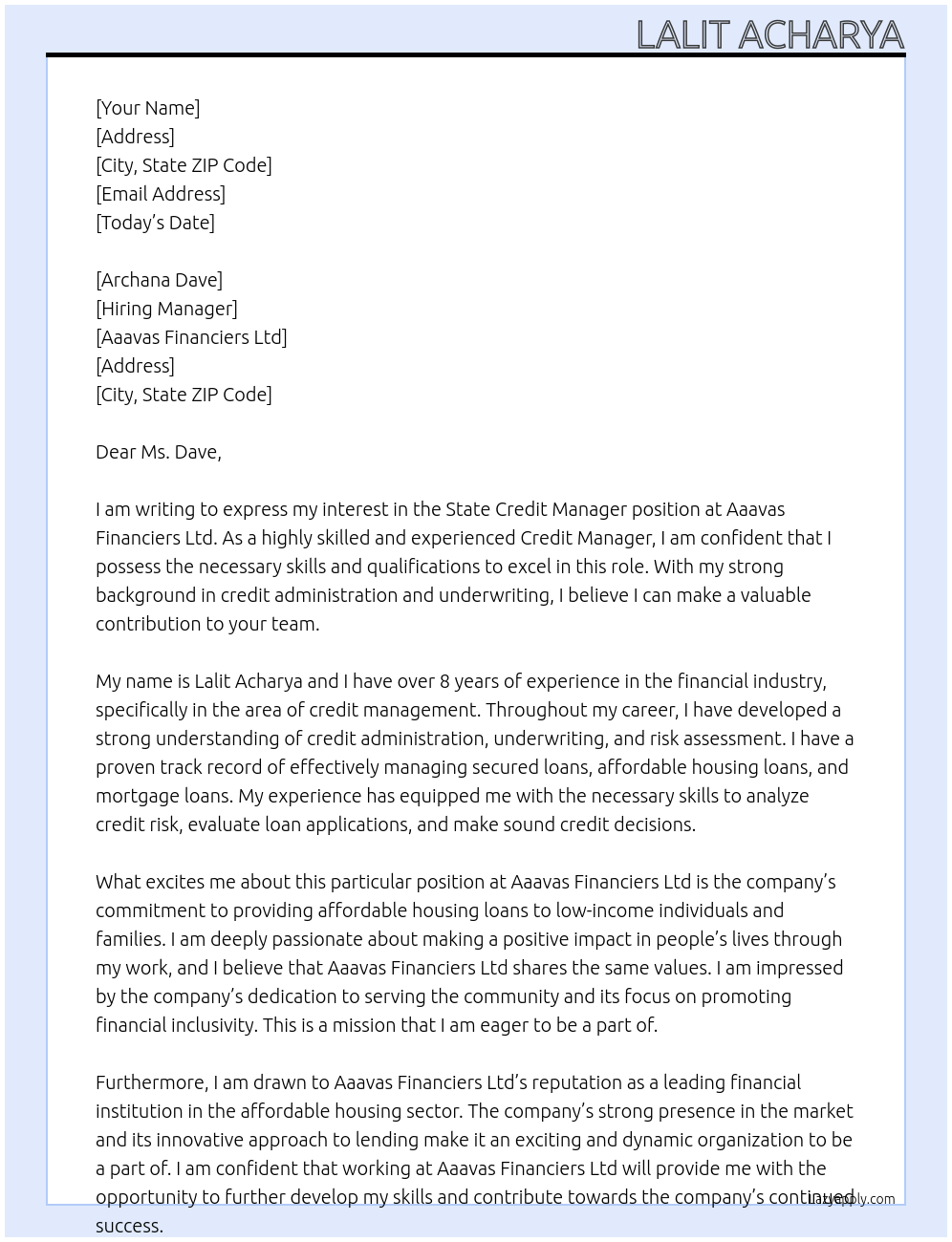 Cover letter for state credit manager - LazyApply