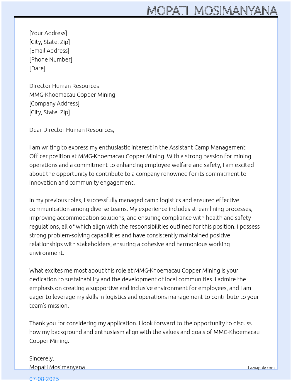 Cover letter for assistant camp management officer - LazyApply