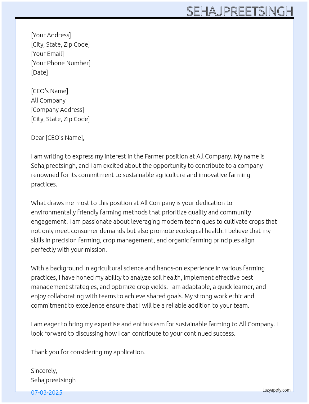 Cover letter for farmer work - LazyApply