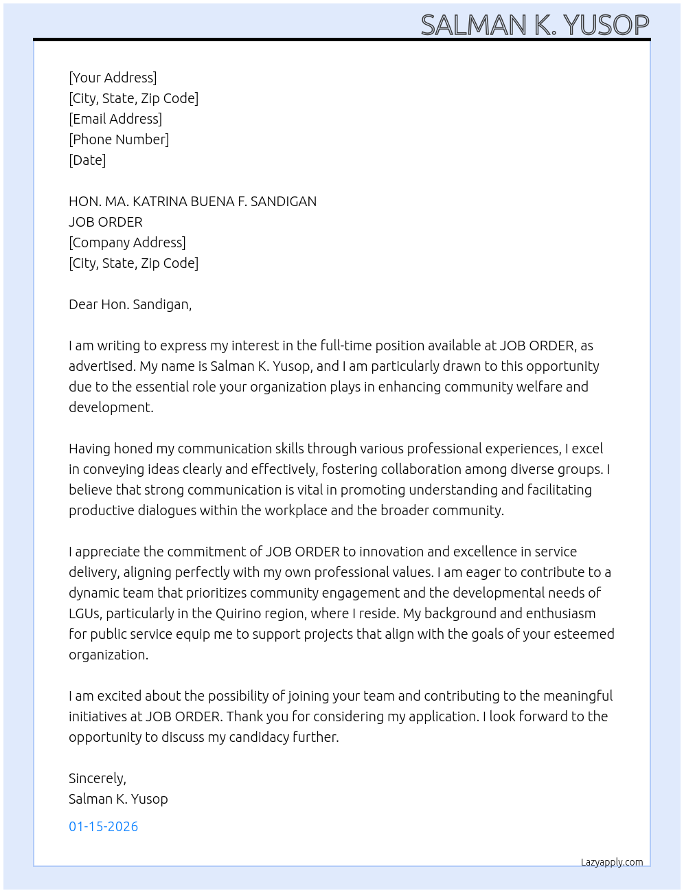 Cover letter for job order - LazyApply