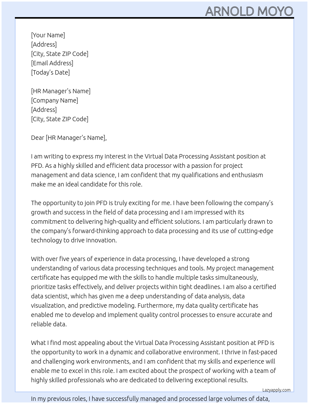 Cover letter for virtual data processing assistant - LazyApply