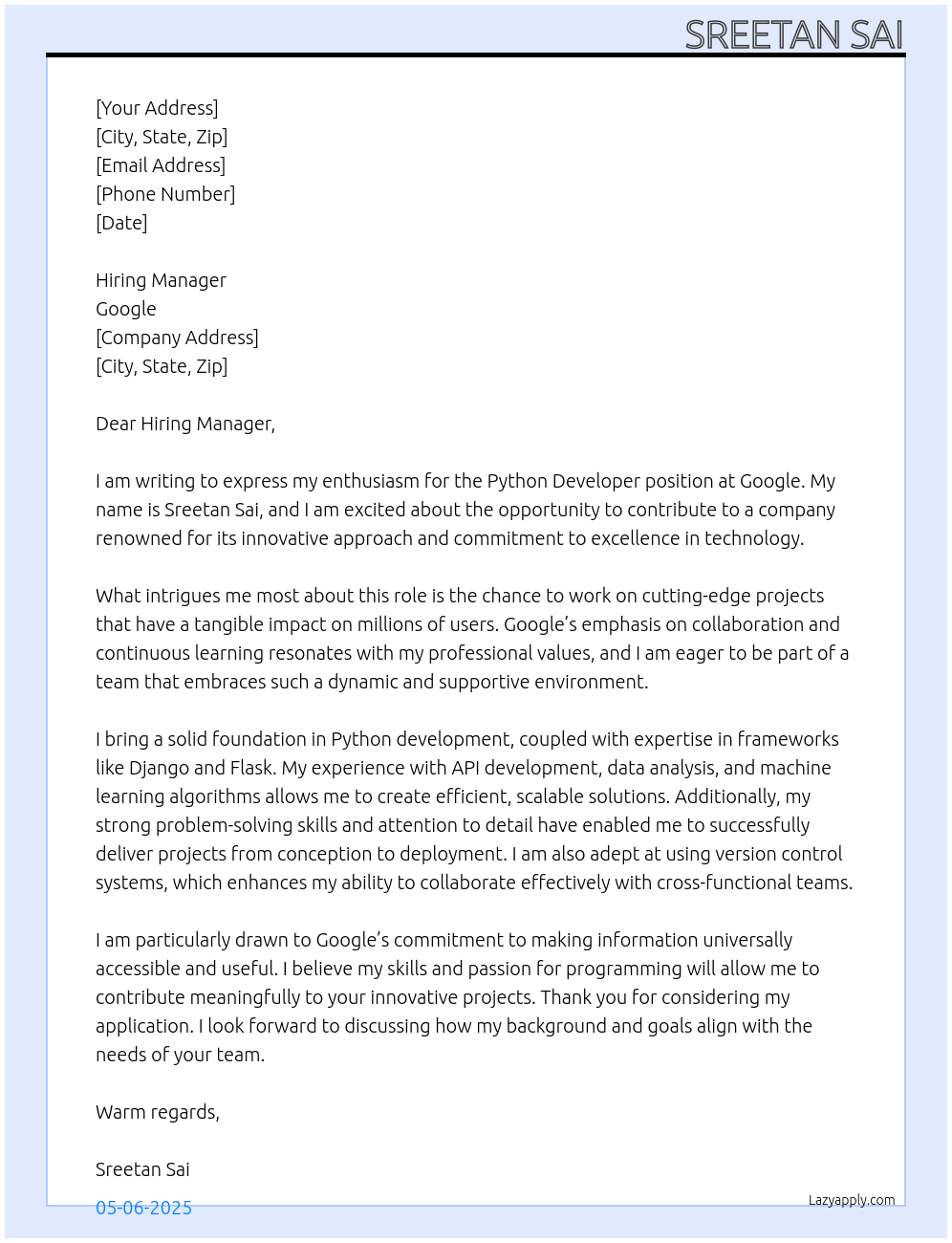 Cover letter for google - LazyApply