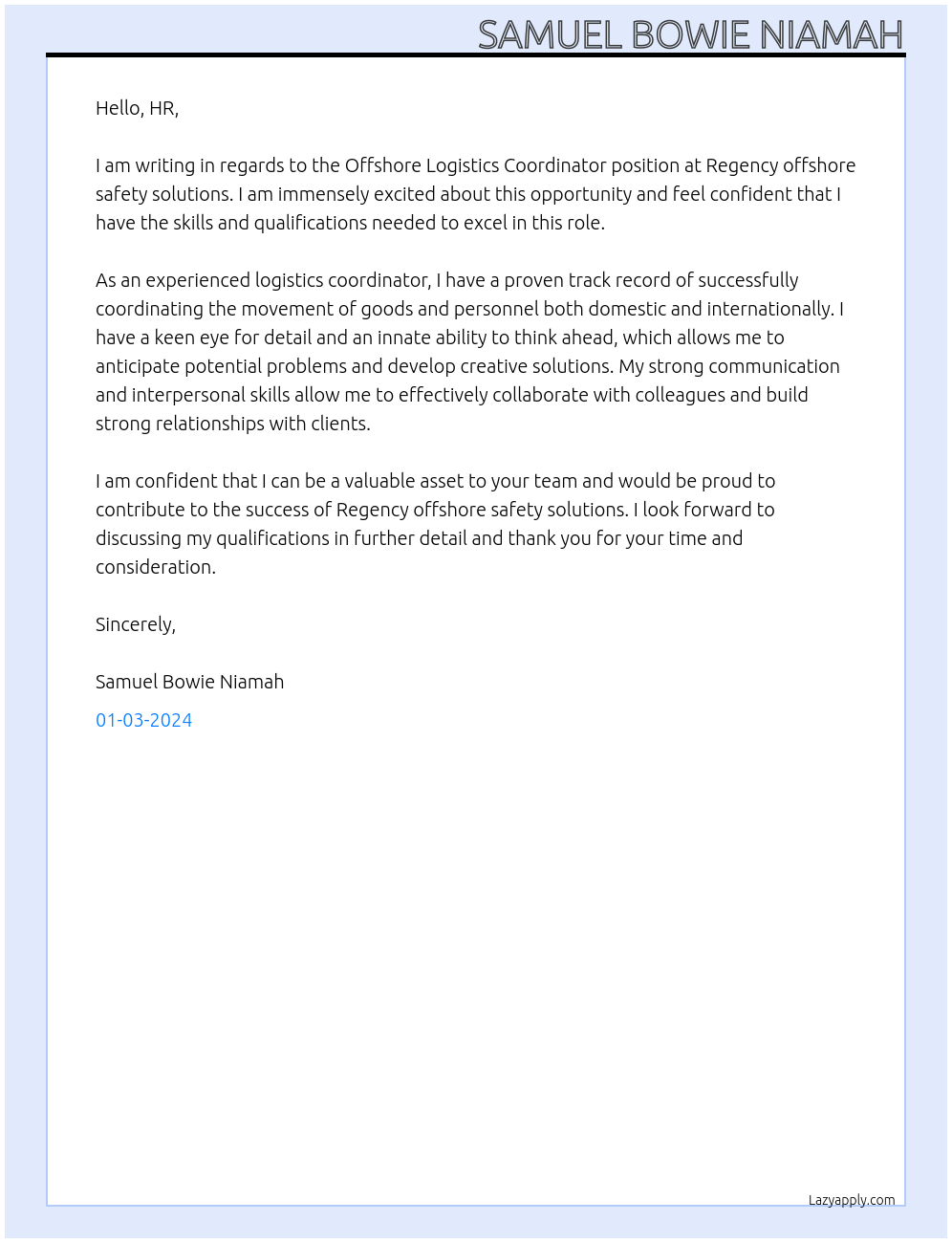 Cover letter for offshore logistics coordinator - LazyApply