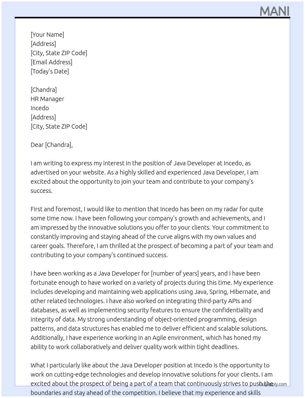 Cover letter for incedo - LazyApply