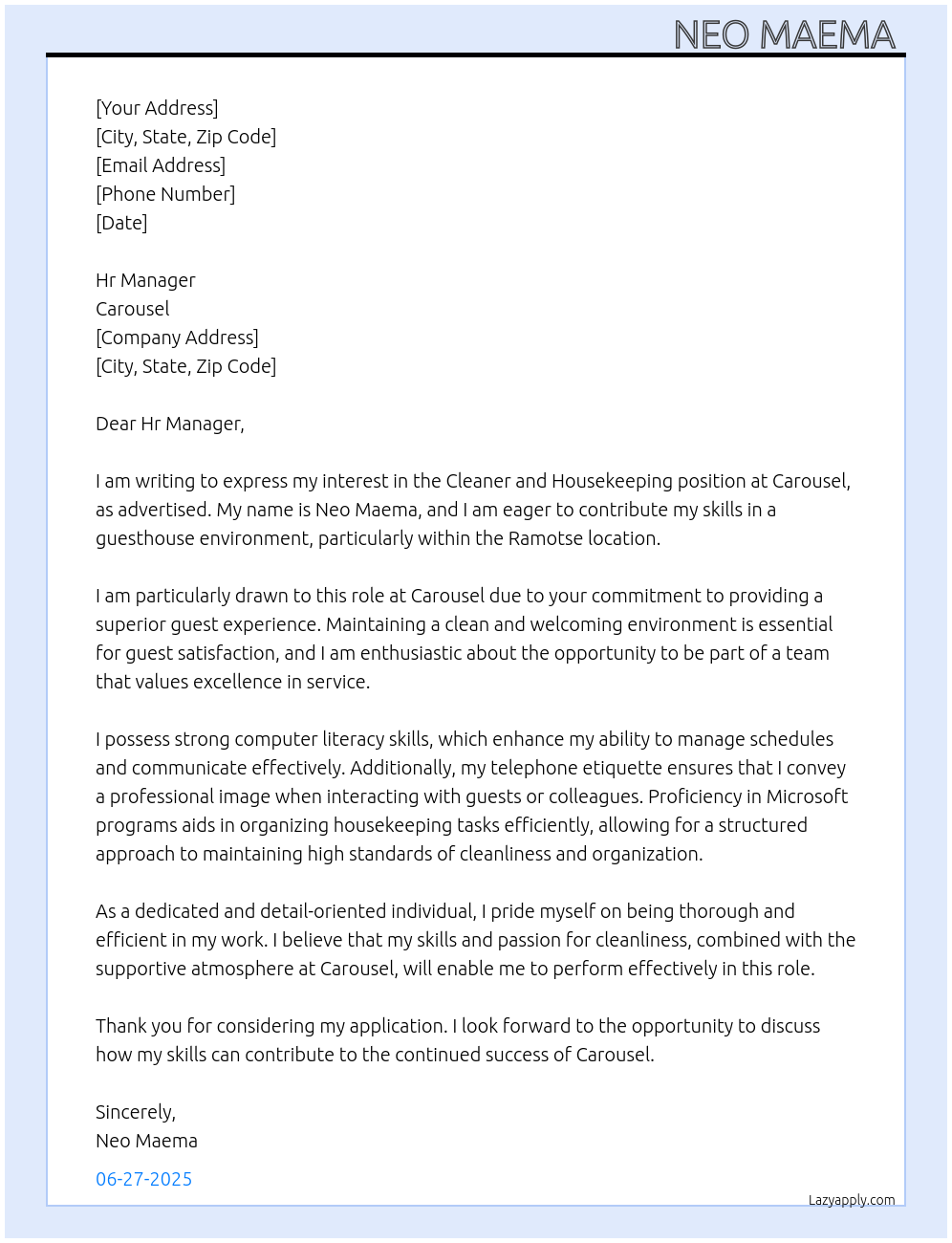Cover letter for cleaner and housekeeping - LazyApply