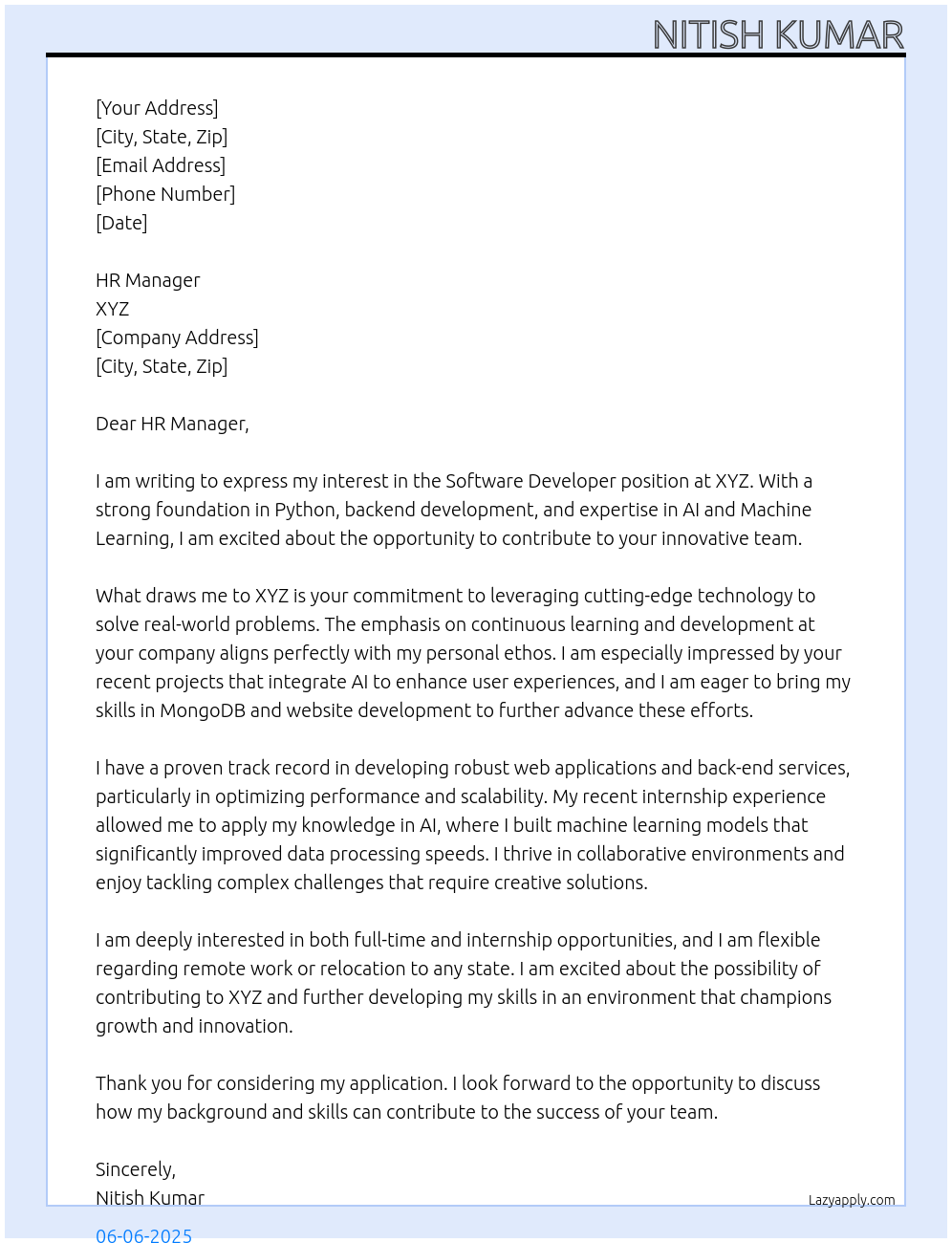 Cover letter for software developer - LazyApply