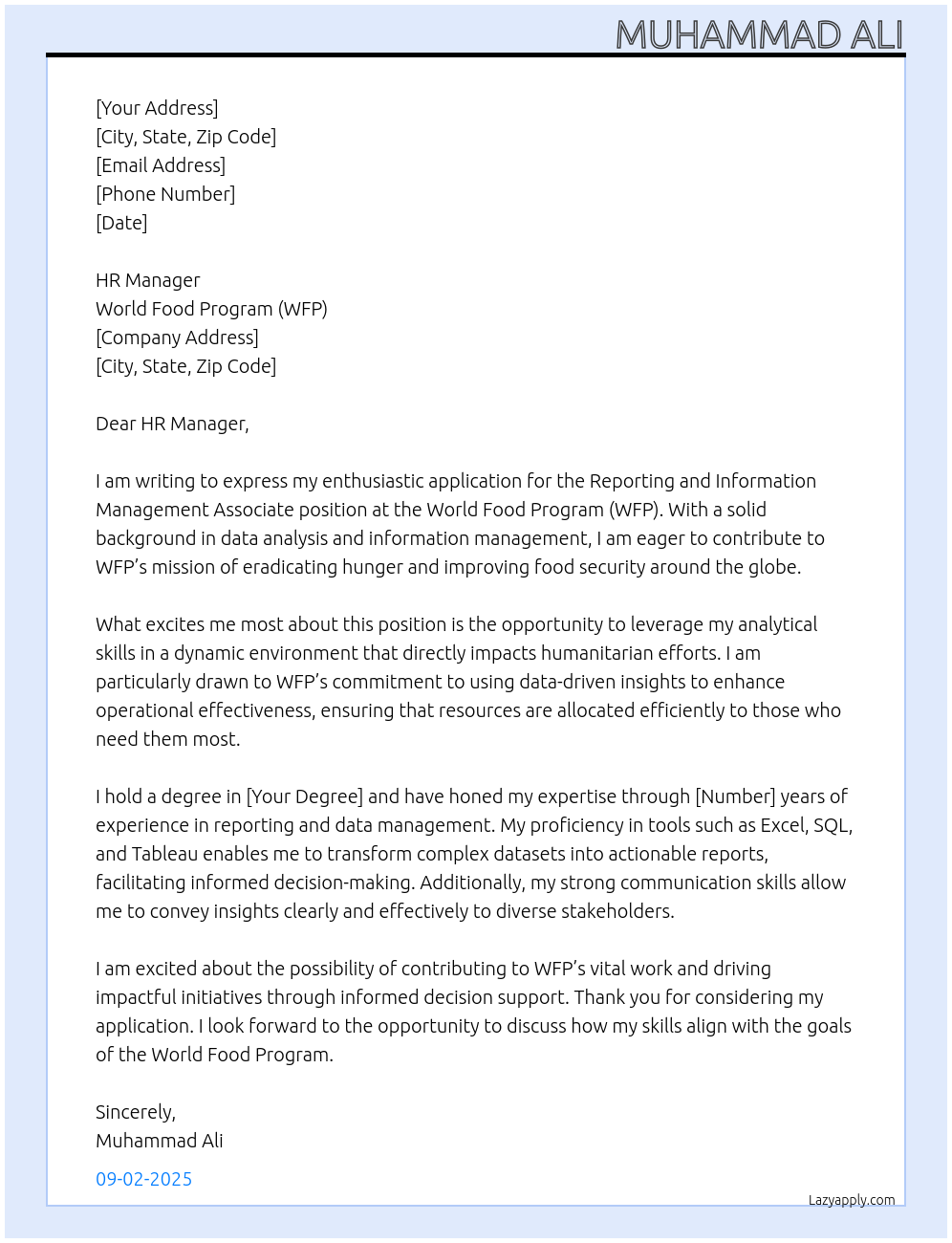 Cover letter for reporting and information management associate - LazyApply
