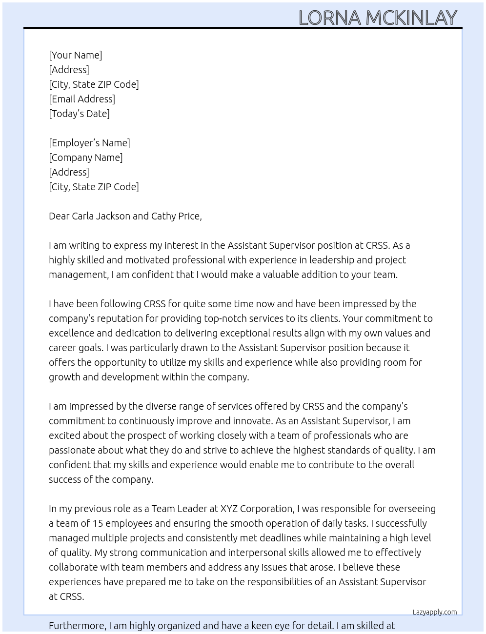 Cover letter for assistant supervisor - LazyApply