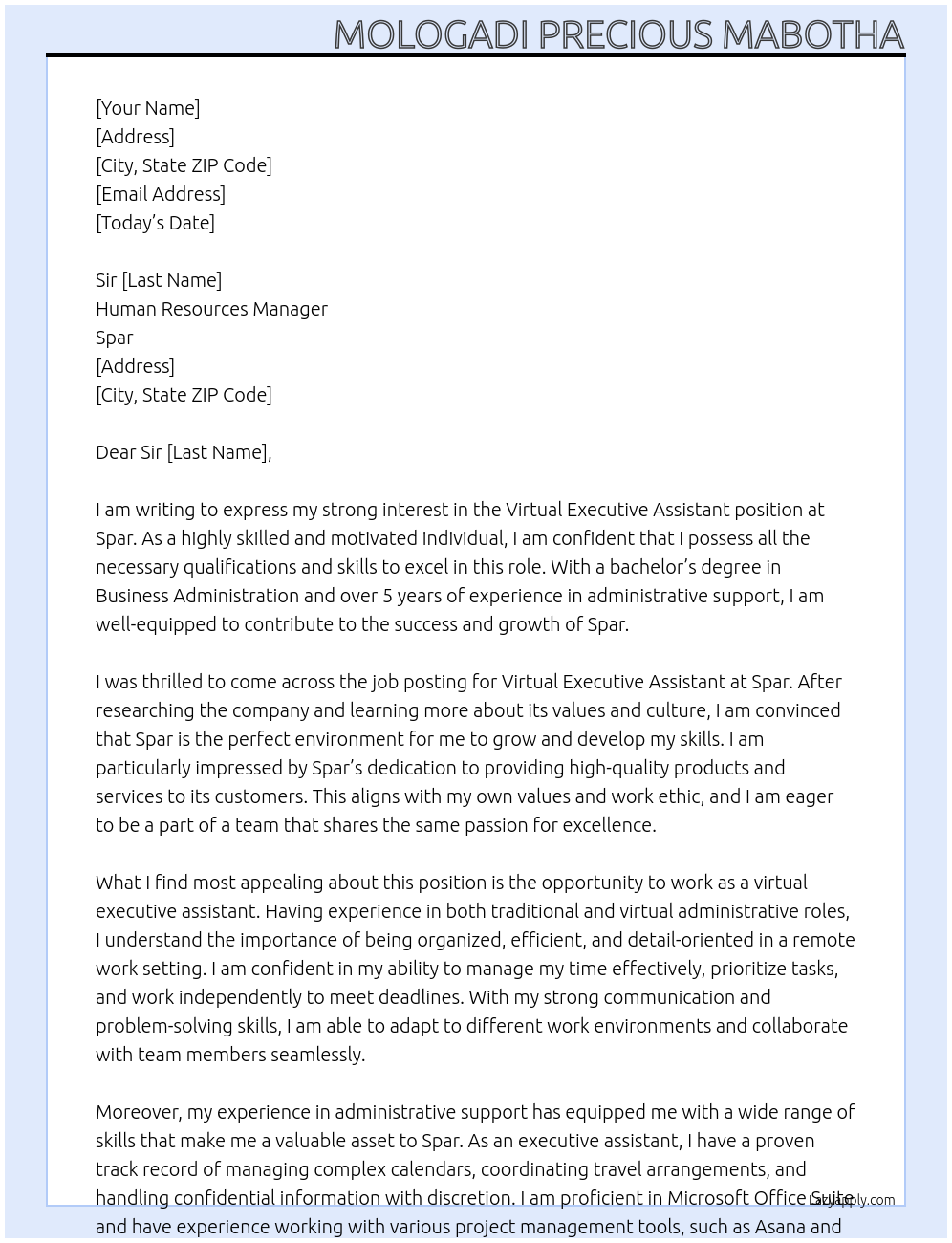Cover letter for virtual executive assistant - LazyApply