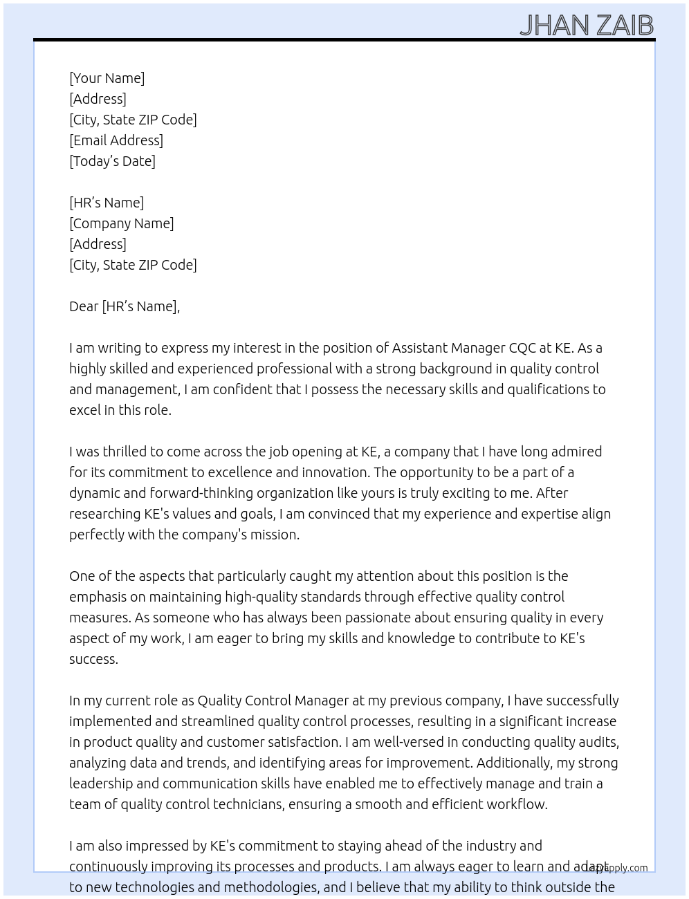 Cover letter for assistant manager cqc - LazyApply