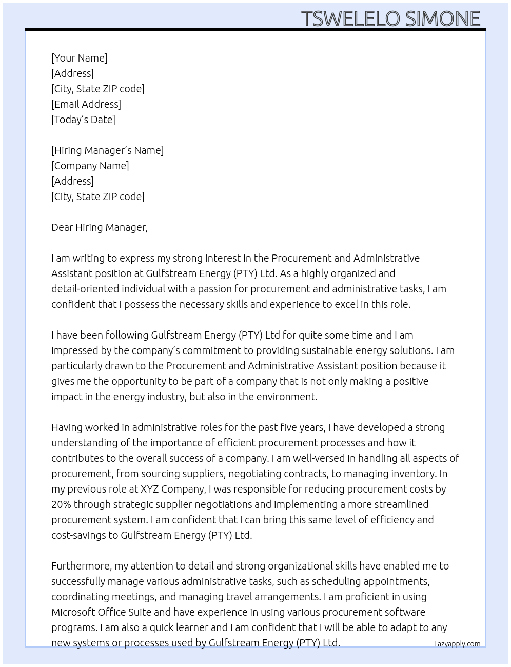 Cover letter for procurement and administrative assistant - LazyApply