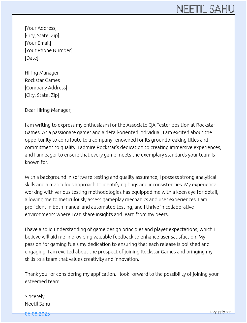Cover letter for associate qa tester - LazyApply