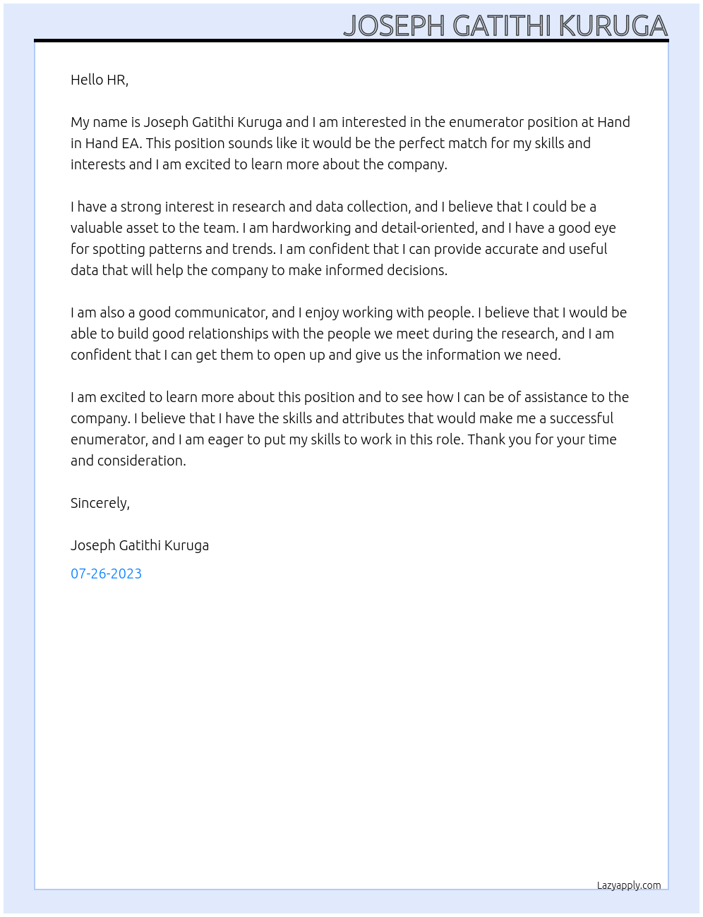 Cover letter for enumerator - LazyApply