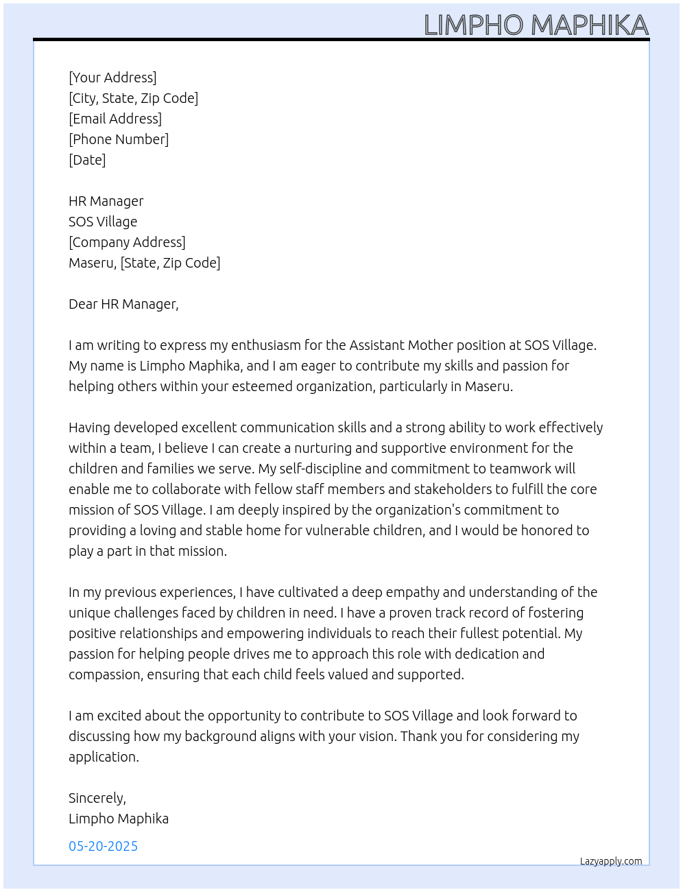 Cover letter for assistant mother - LazyApply