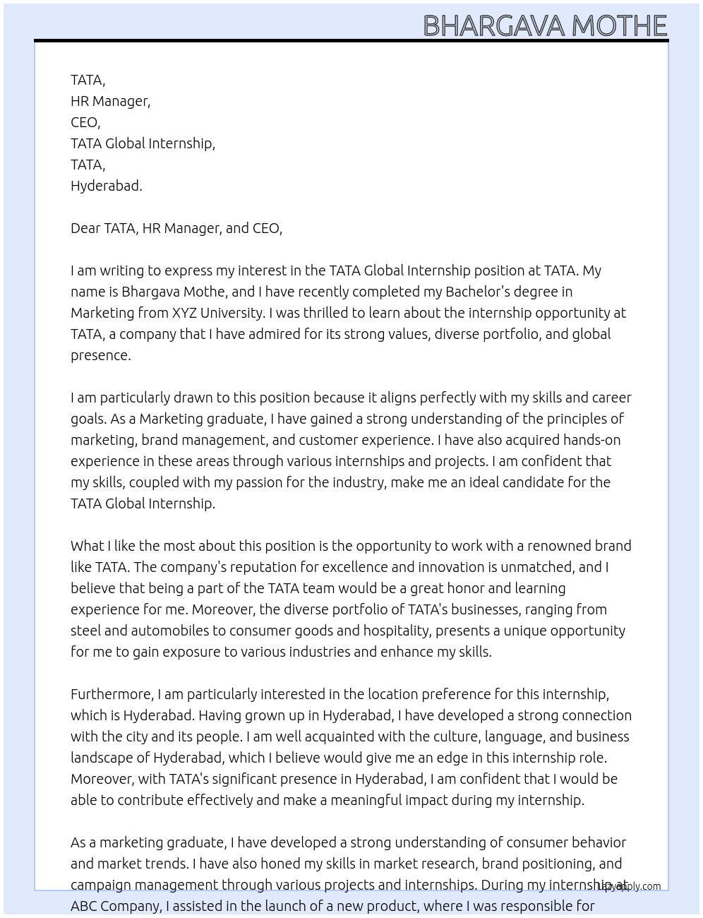 Cover letter for tata global internship - LazyApply