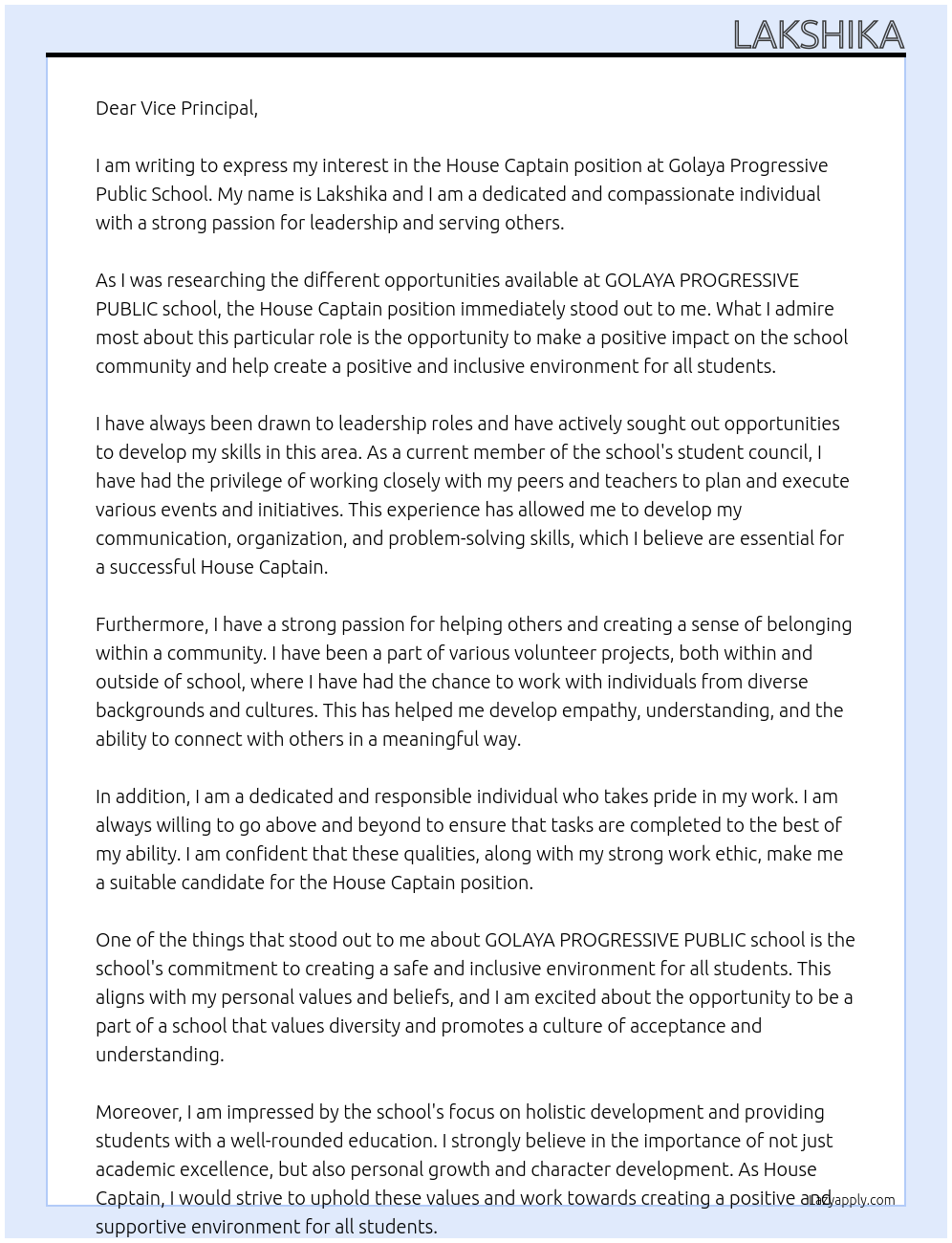 Cover letter for house captain - LazyApply