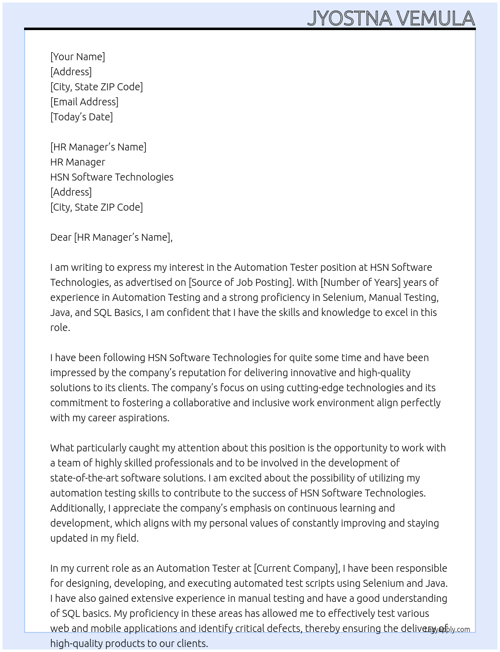 Cover letter for automation tester - LazyApply
