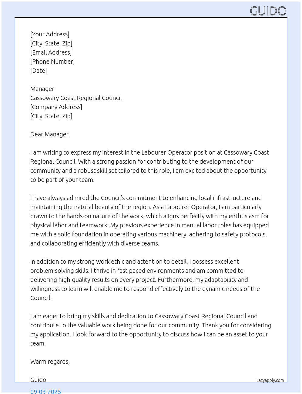 Cover letter for labourer operator - LazyApply