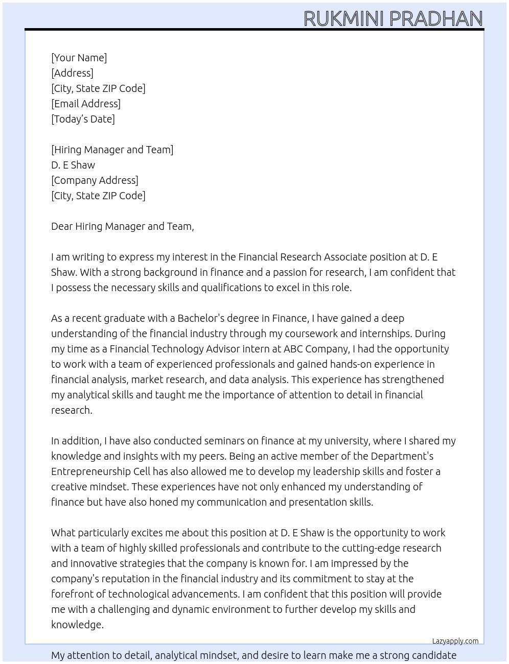 Cover letter for financial research associate - LazyApply