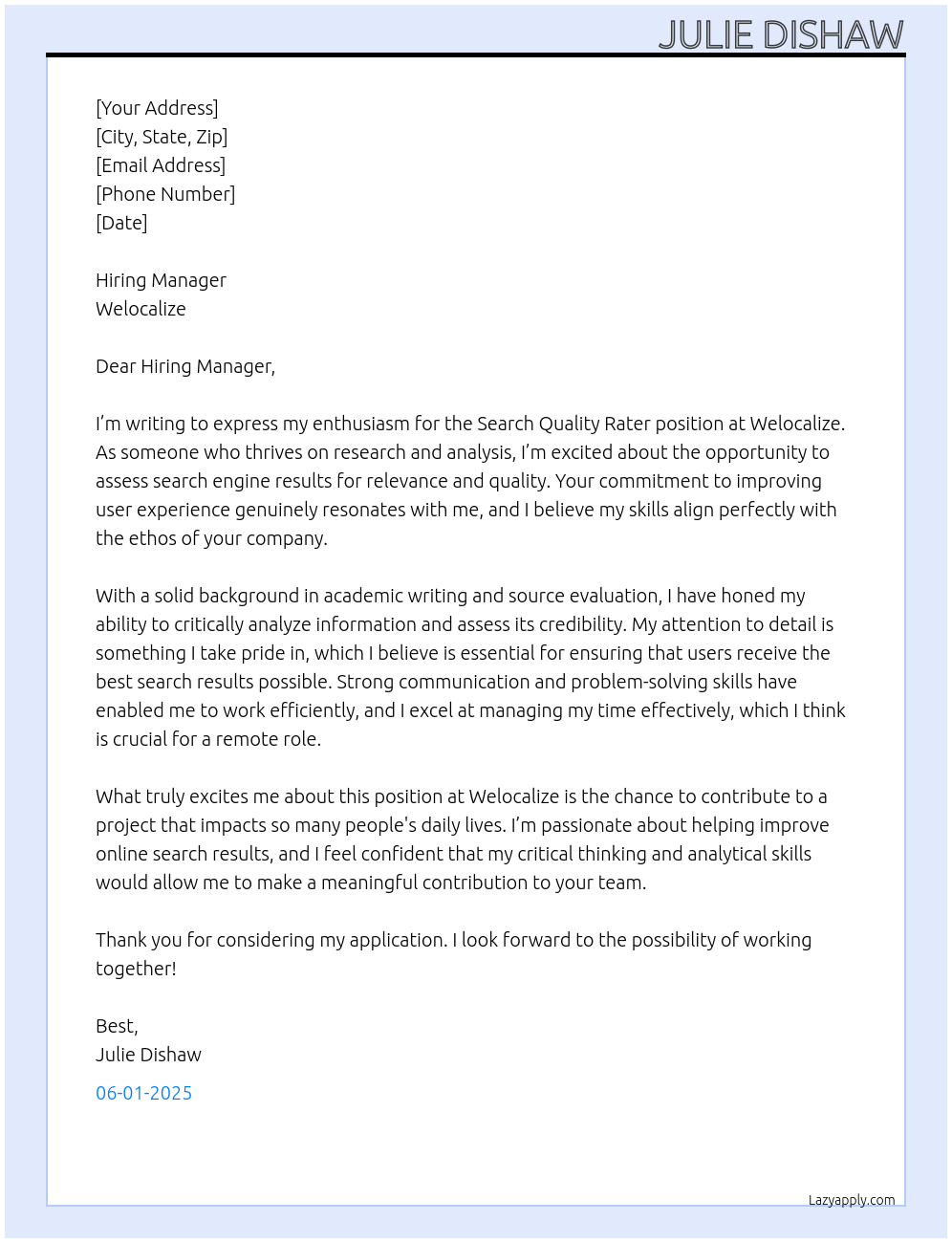Cover letter for search quality rater - LazyApply