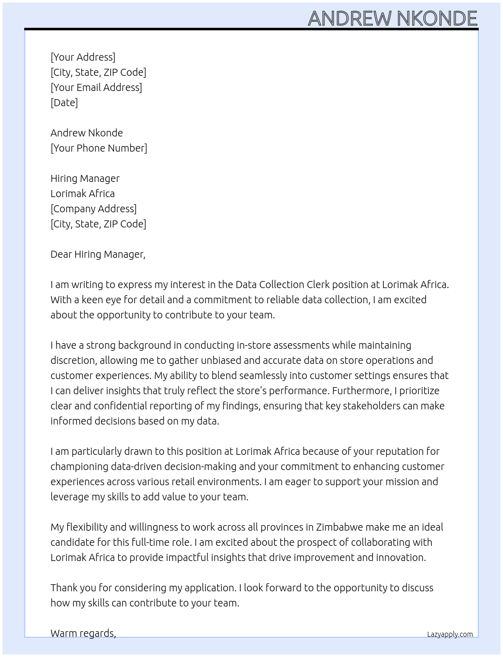 Cover letter for data collection clerks - LazyApply