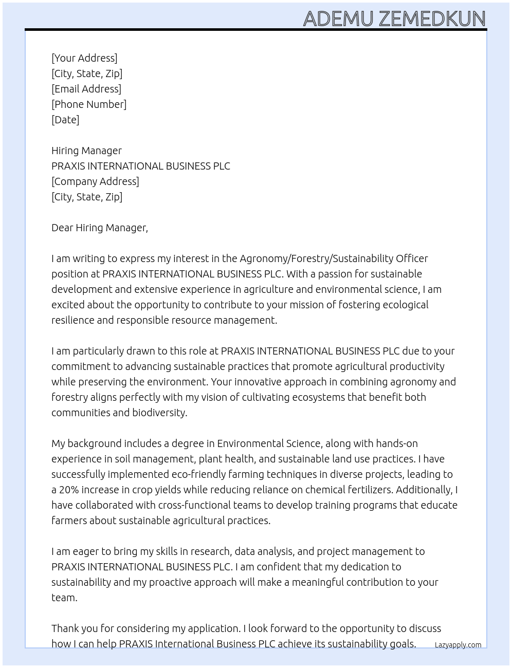 Cover letter for agronomy/forestry/sustainability officer - LazyApply
