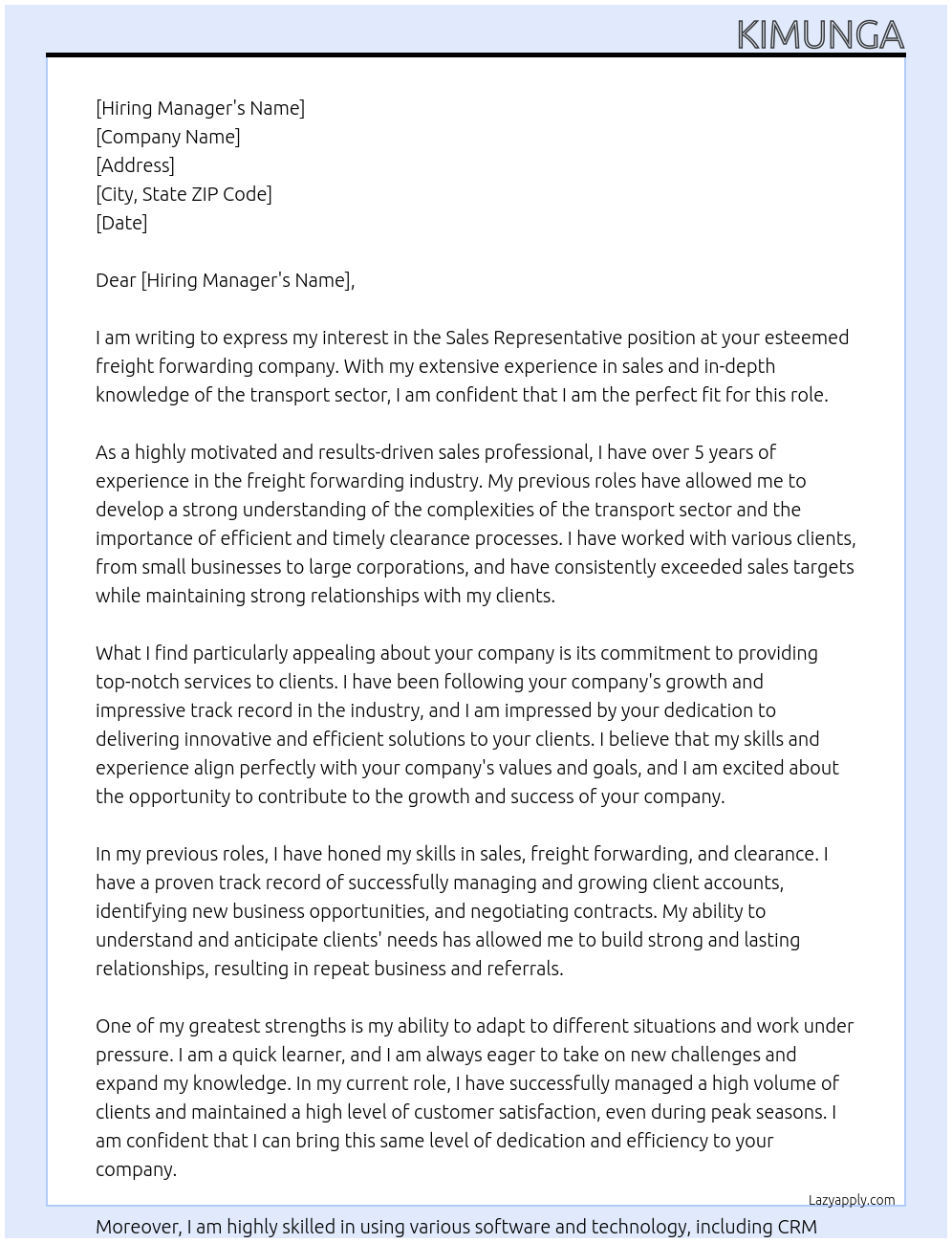 Cover letter for sales representative - LazyApply