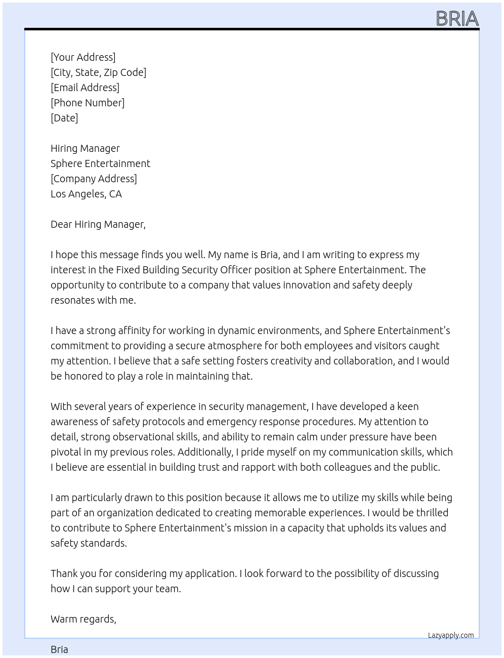 Cover letter for fixed building security officer - LazyApply