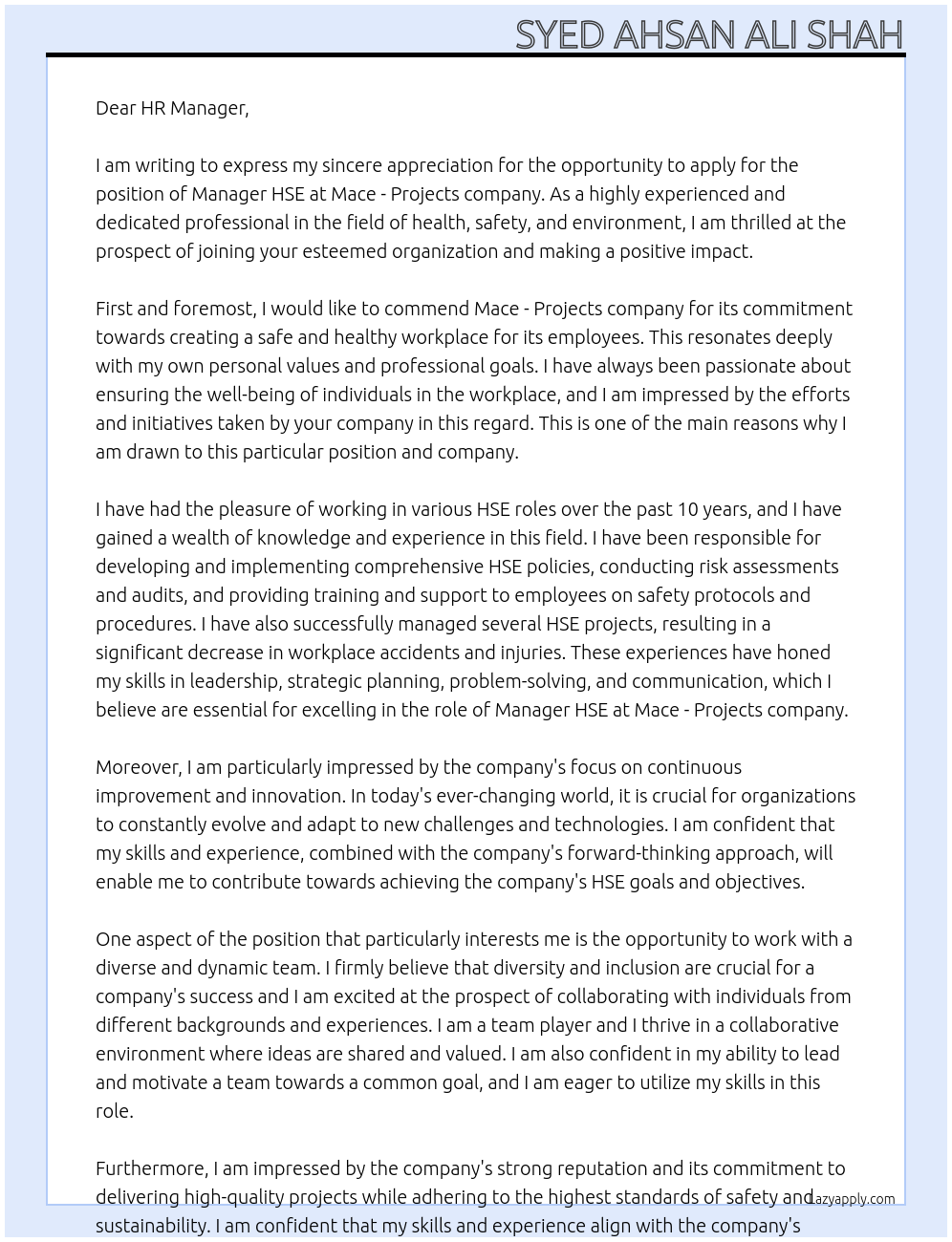 Cover letter for manager hse - LazyApply