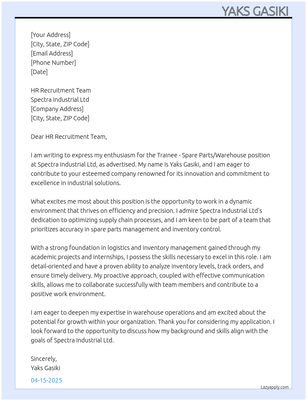 Cover letter for trainee - spare parts/warehouse - LazyApply