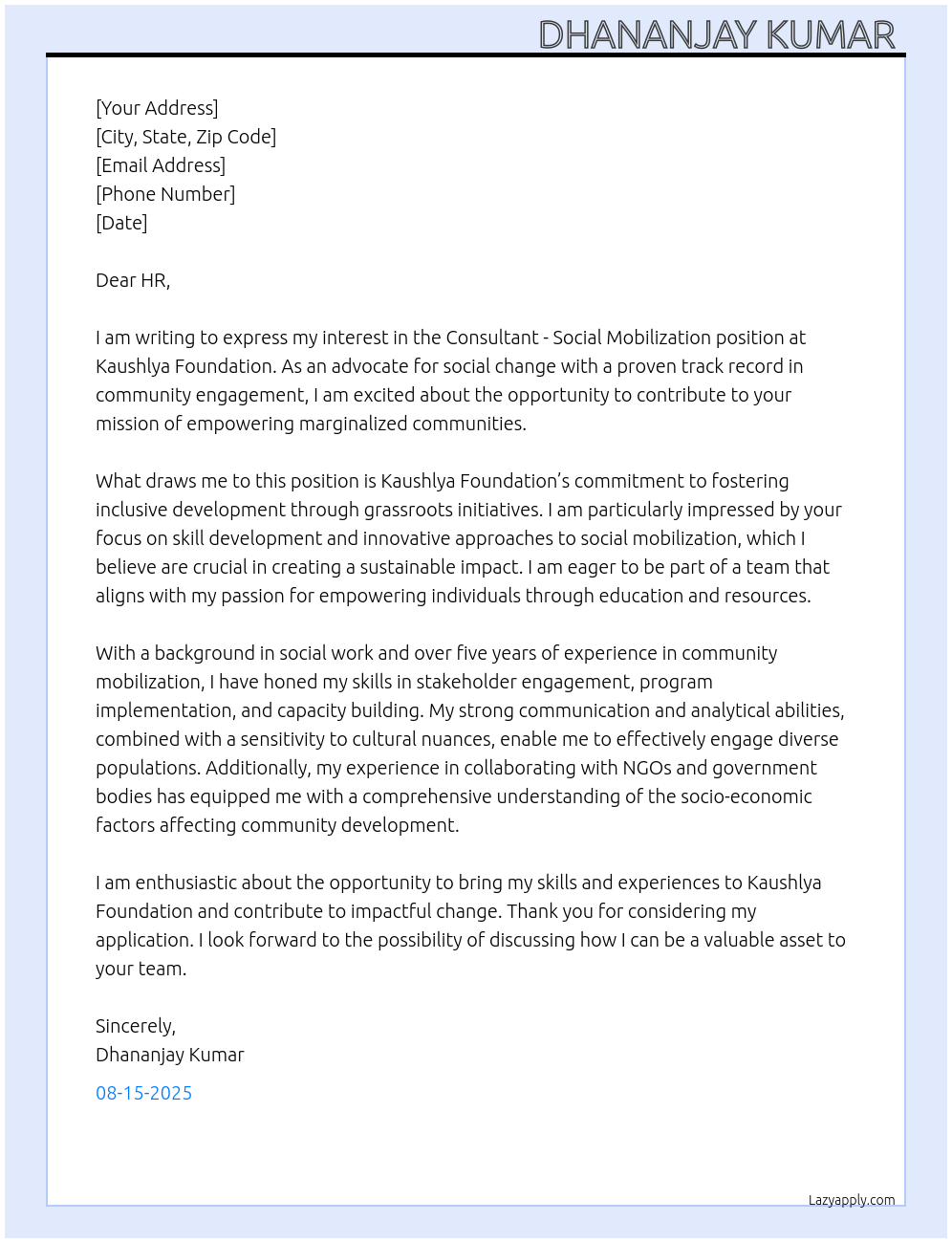 Cover letter for consultant- social mobilization - LazyApply