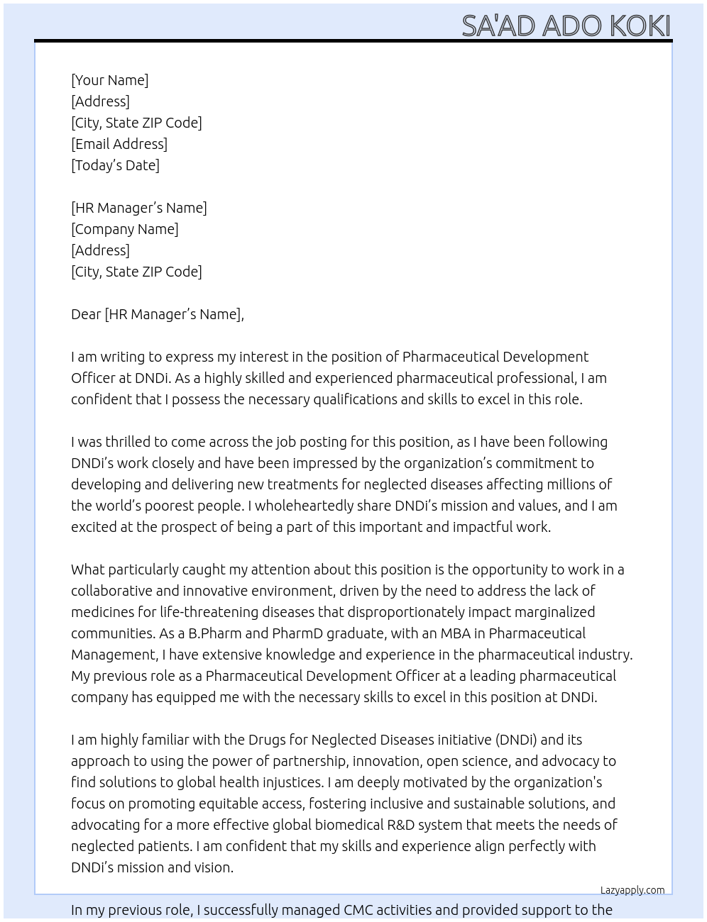 Cover letter for pharmaceutical development officer - LazyApply