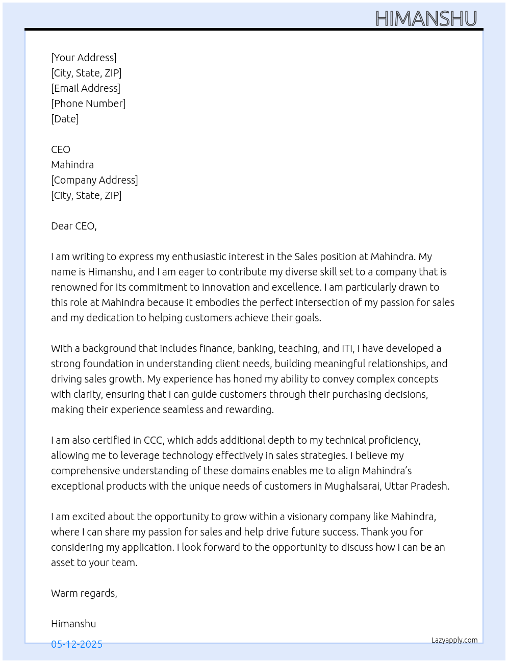 Cover letter for sales - LazyApply