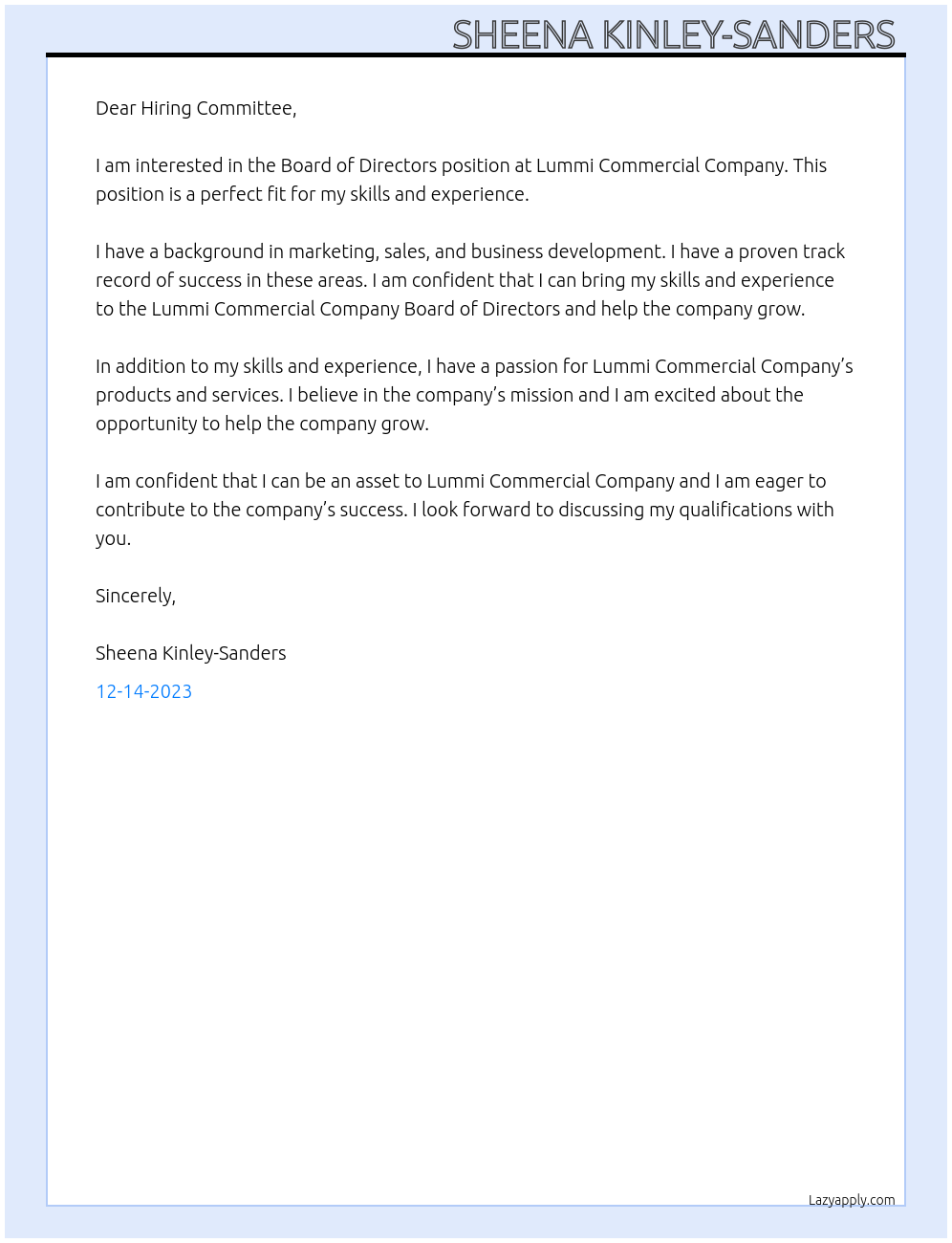 Cover letter for board of directors - LazyApply