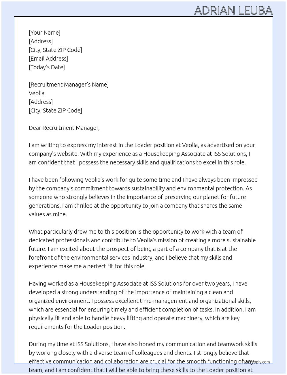 Cover letter for loader - LazyApply