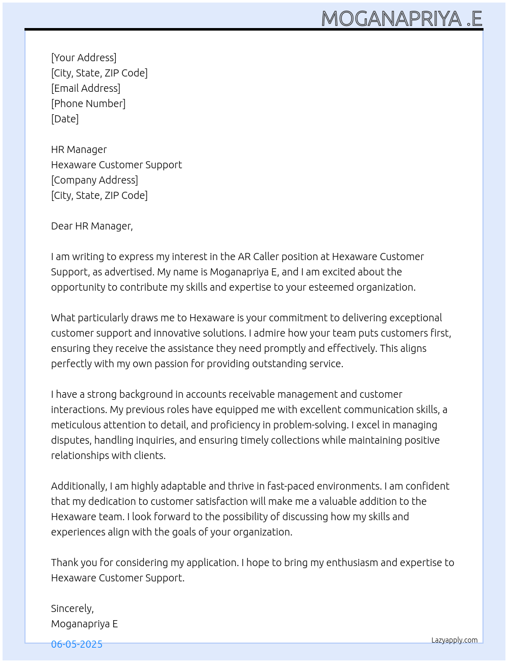 Cover letter for ar caller - LazyApply