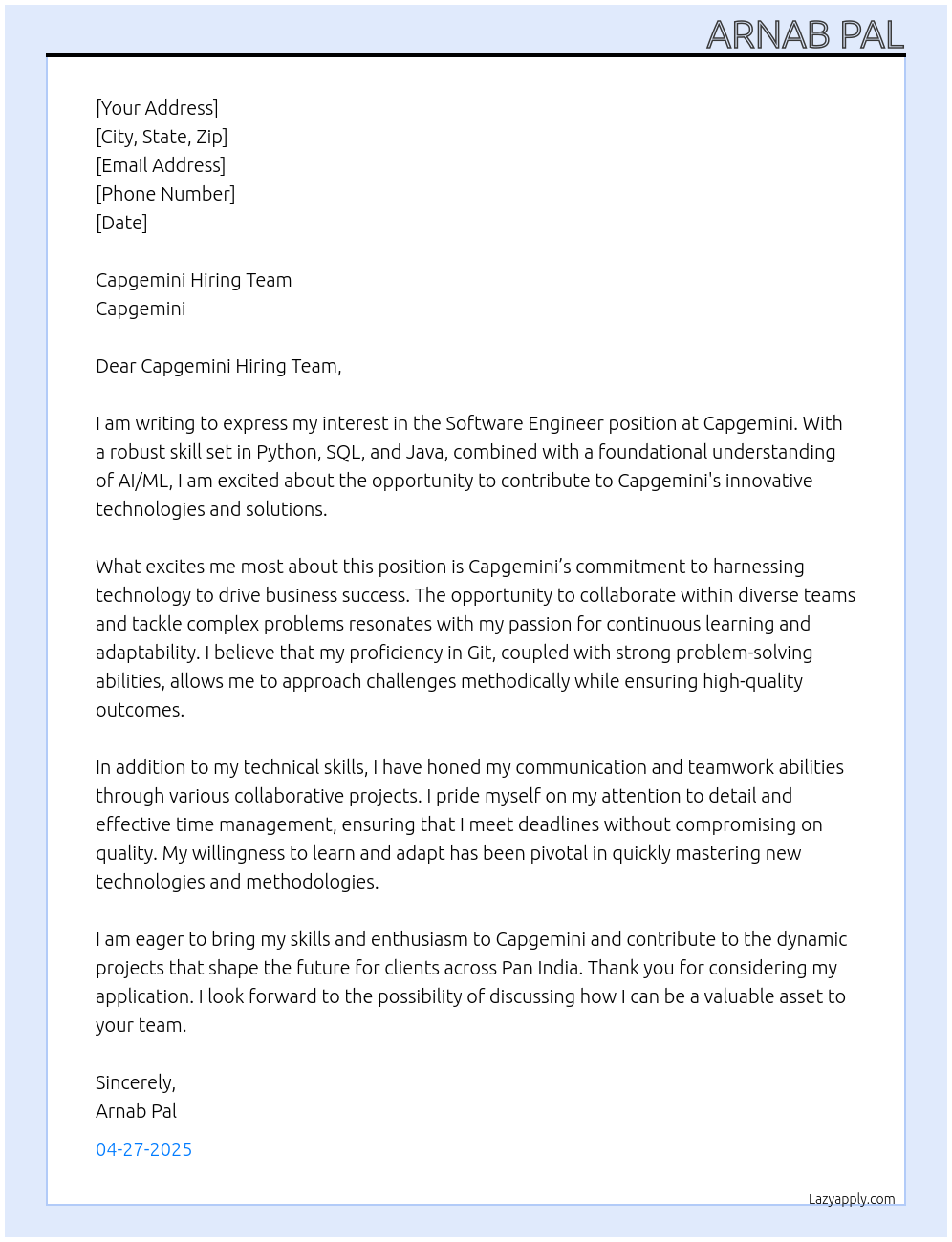 Cover letter for Capgemini - LazyApply
