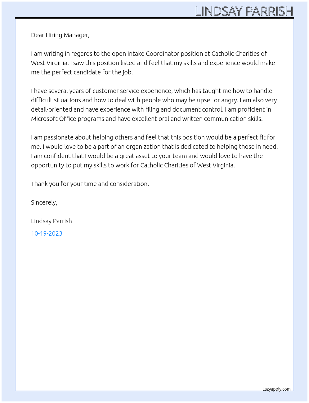 Cover letter for intake co-ordinator - LazyApply