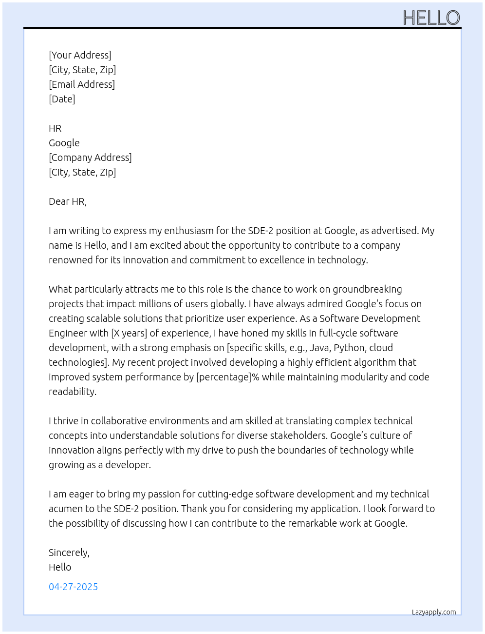 Cover letter for google - LazyApply