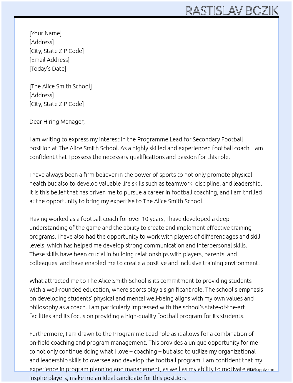Cover letter for programme lead for secondary football - LazyApply