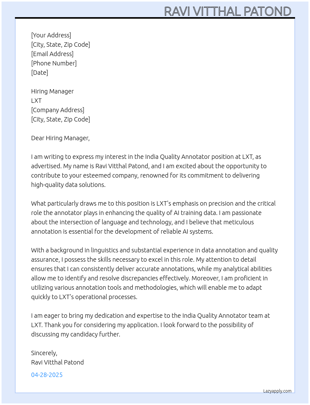 Cover letter for india quality annotator - LazyApply