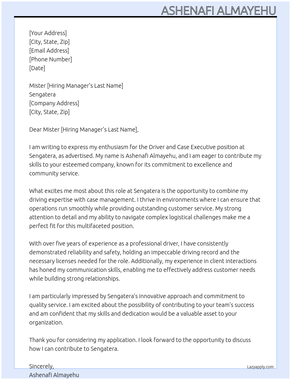 Cover letter for driver and case executive - LazyApply