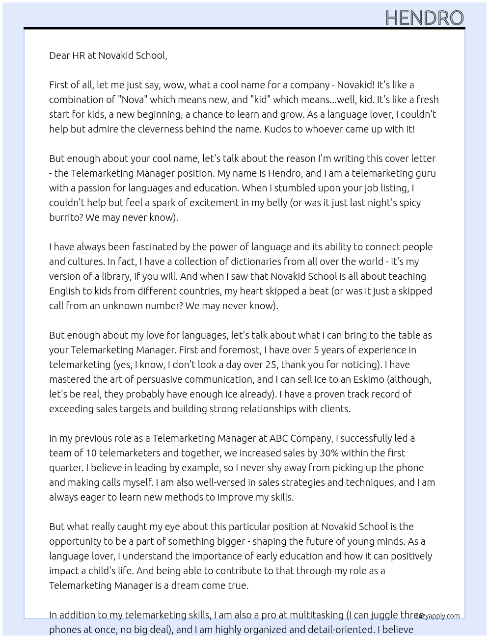 Cover letter for telemarketing manager - LazyApply