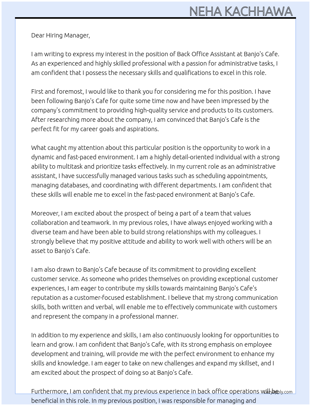 Cover letter for back office assistant - LazyApply