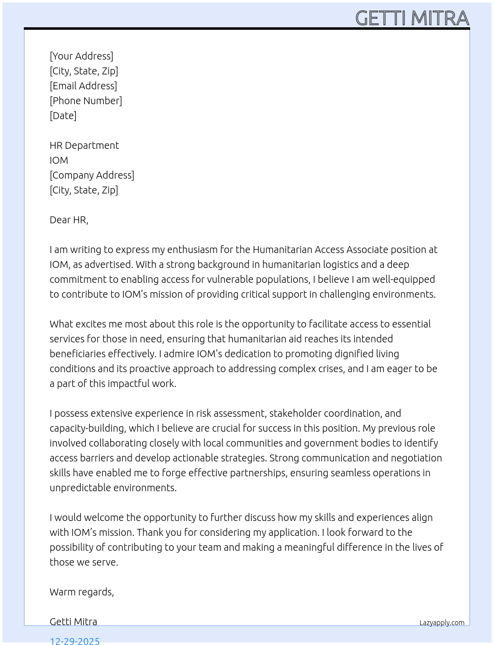 Cover letter for humanitarian access associate - LazyApply